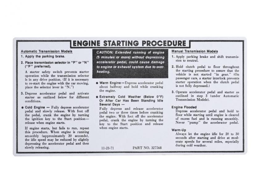 1972 Engine Starting Procedure Decal | Corvette Depot