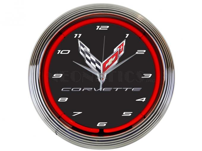 C8 Flag / Logo Chrome Ring Neon Clock | Corvette Depot
