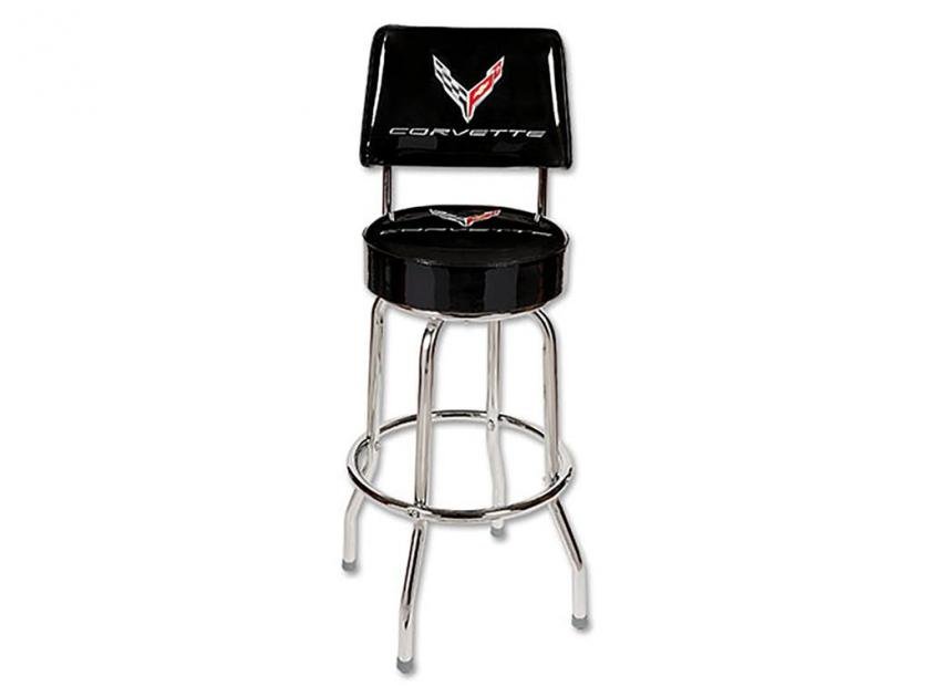 Black Counter Stool With Back With C8 Corvette Logo | Corvette Depot